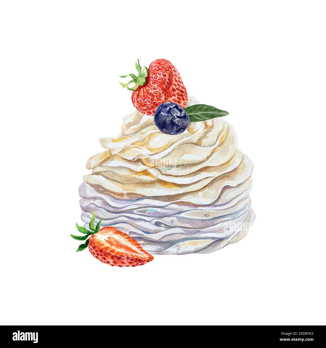 Meringue cake with strawberries and blueberries, watercolor. Vector ...