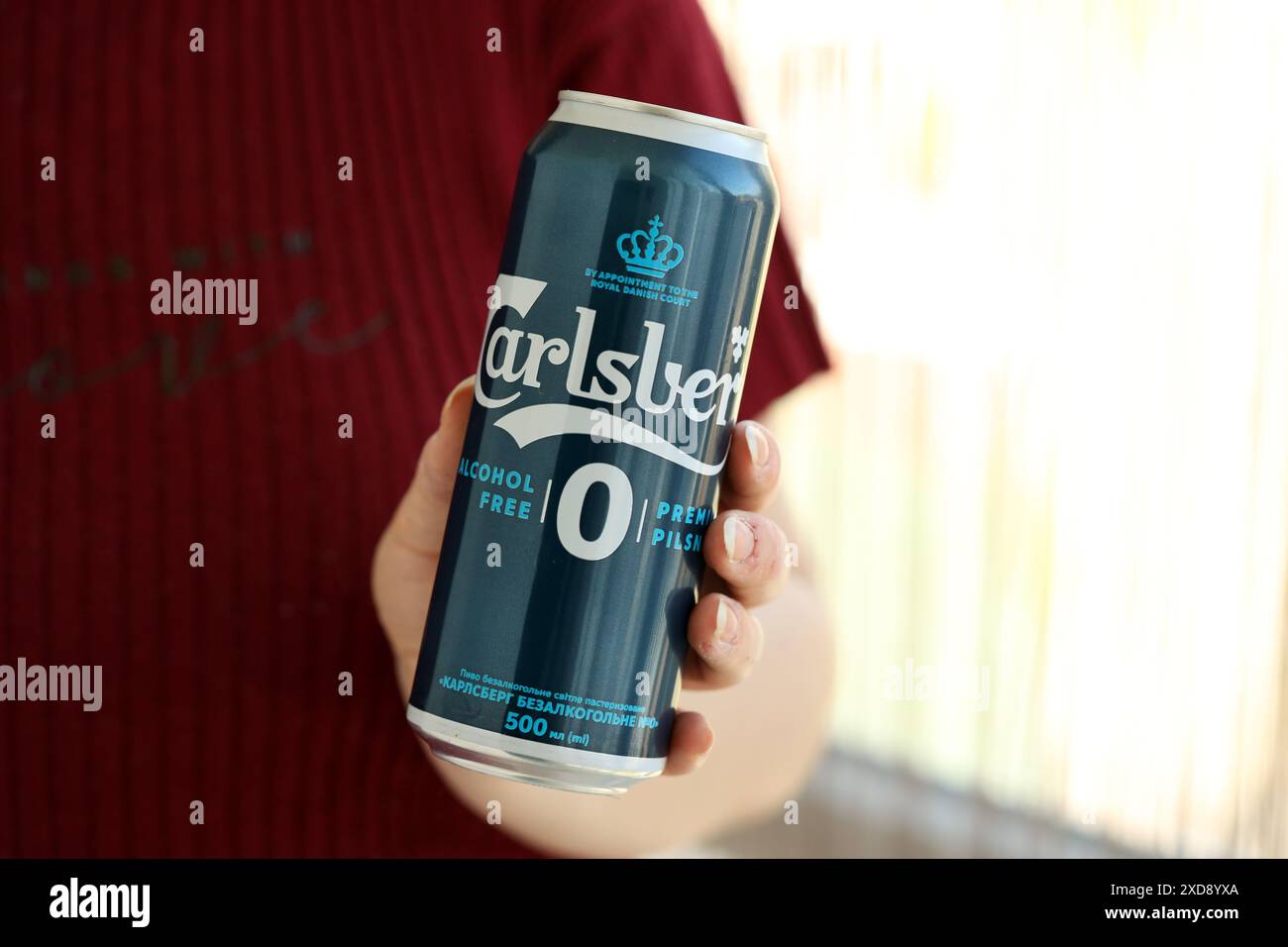 KYIV, UKRAINE - APRIL 20, 2024 Carlsberg zero alcohol beer drink in ...