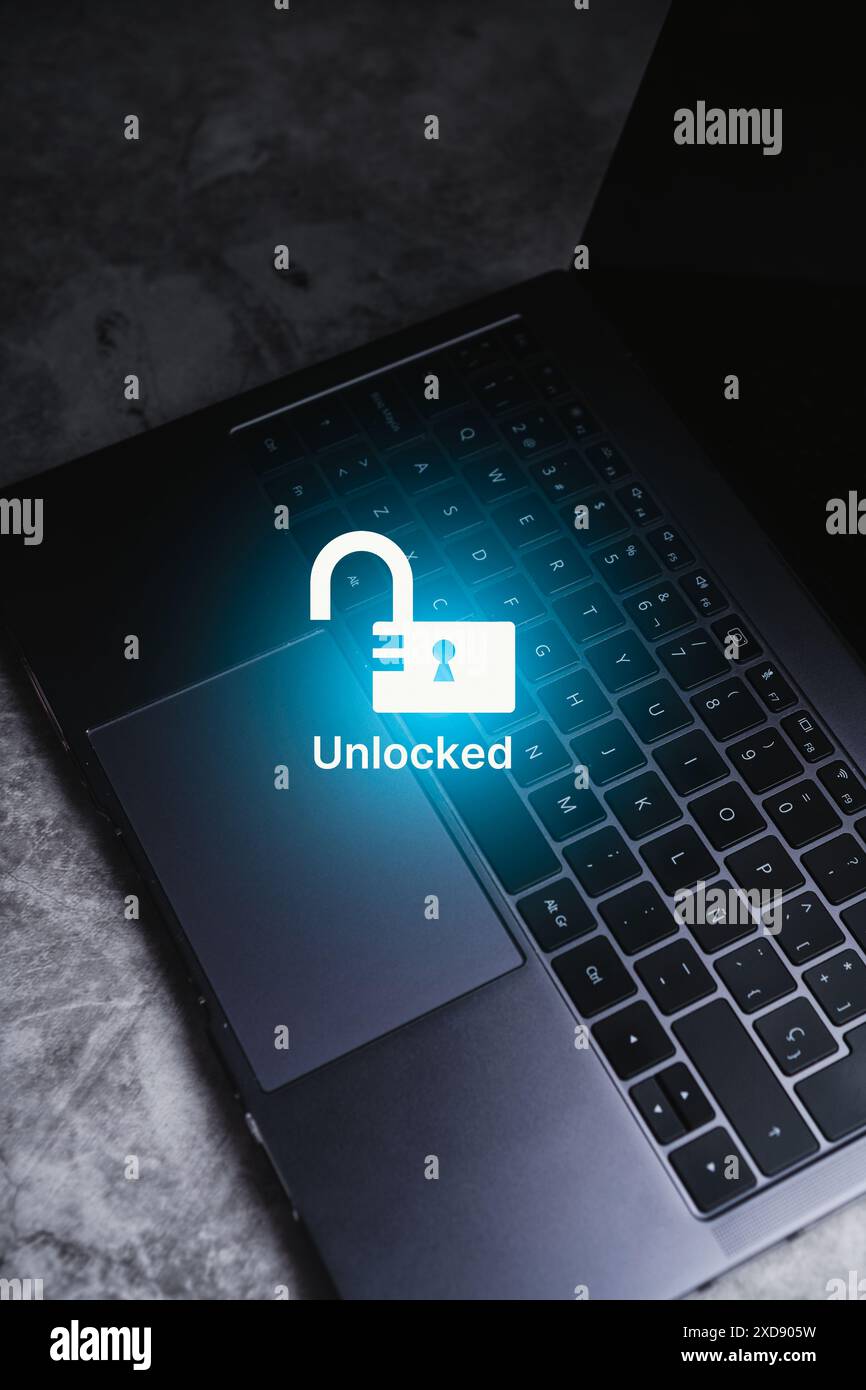 Desktop photo of laptop with futuristic interface of unlock protection ...