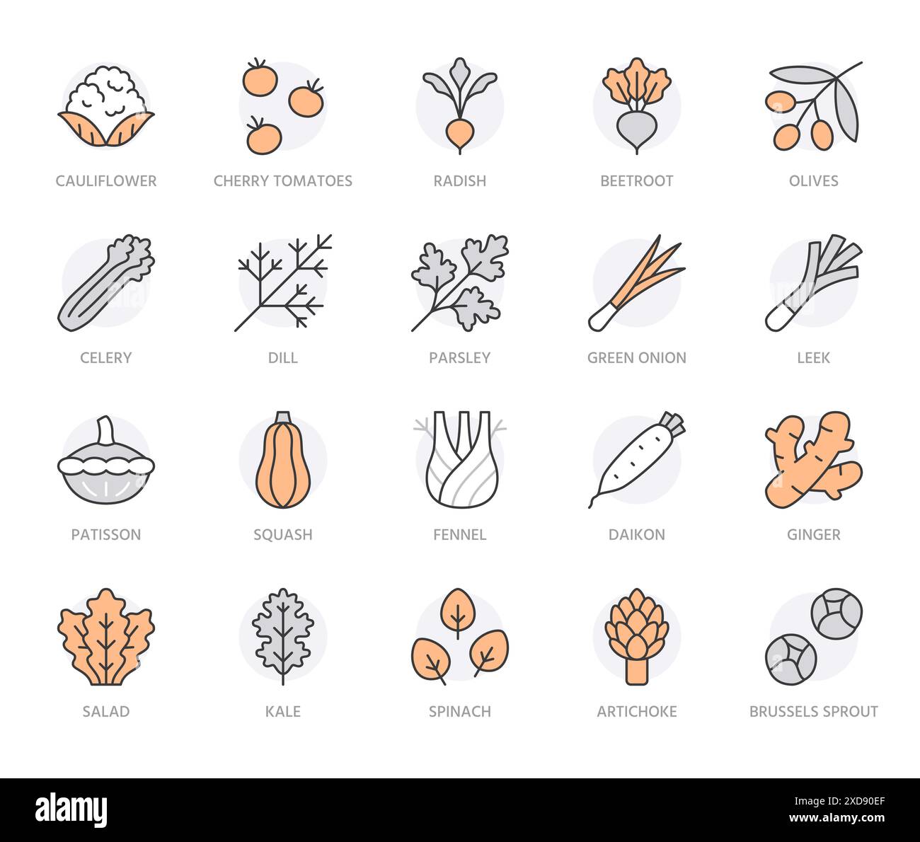 Vegetables line icon set. Kale, spinach, pumpkin, cherry tomato ...