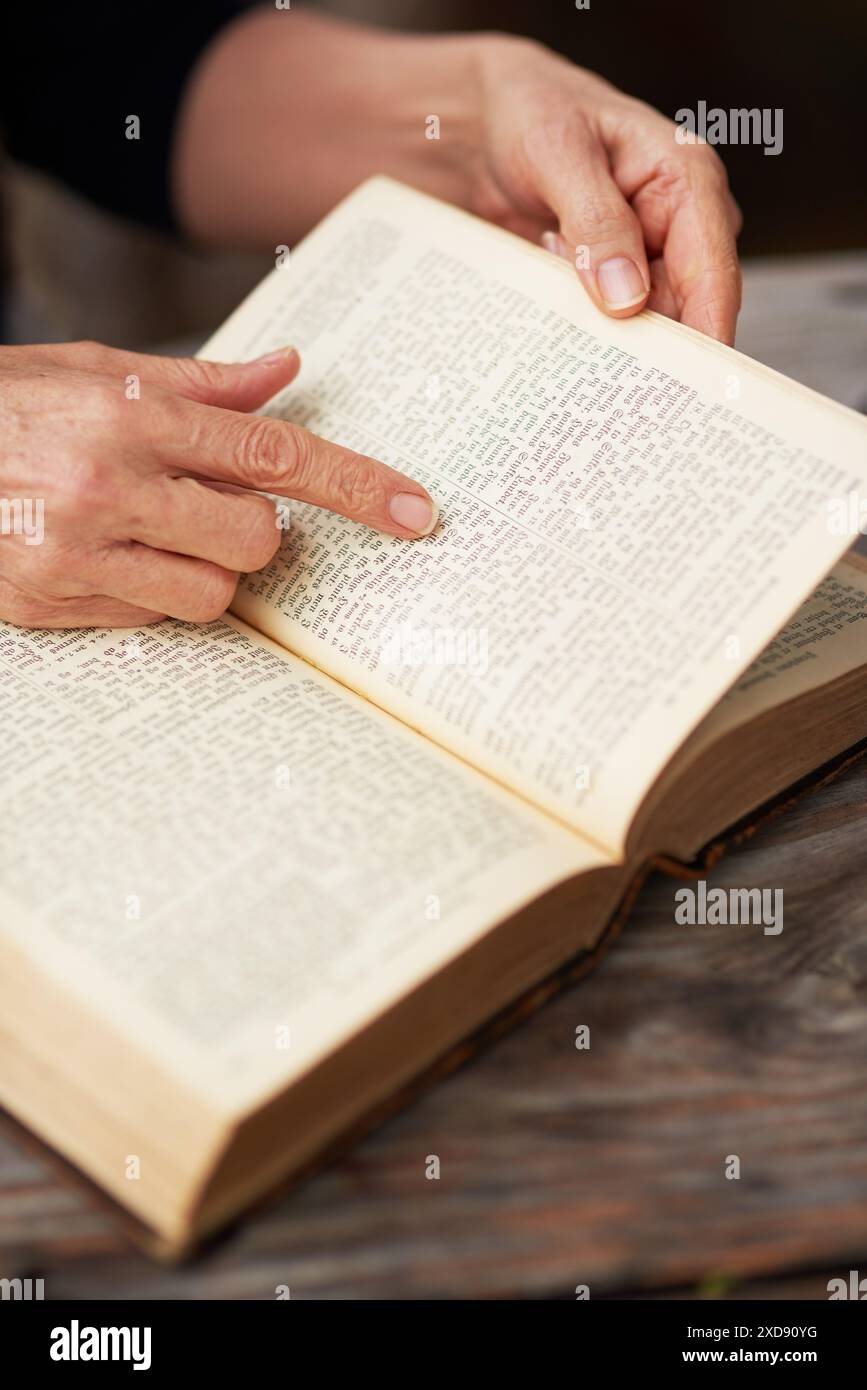 Hands, person and reading bible with peace, spiritual and gratitude ...