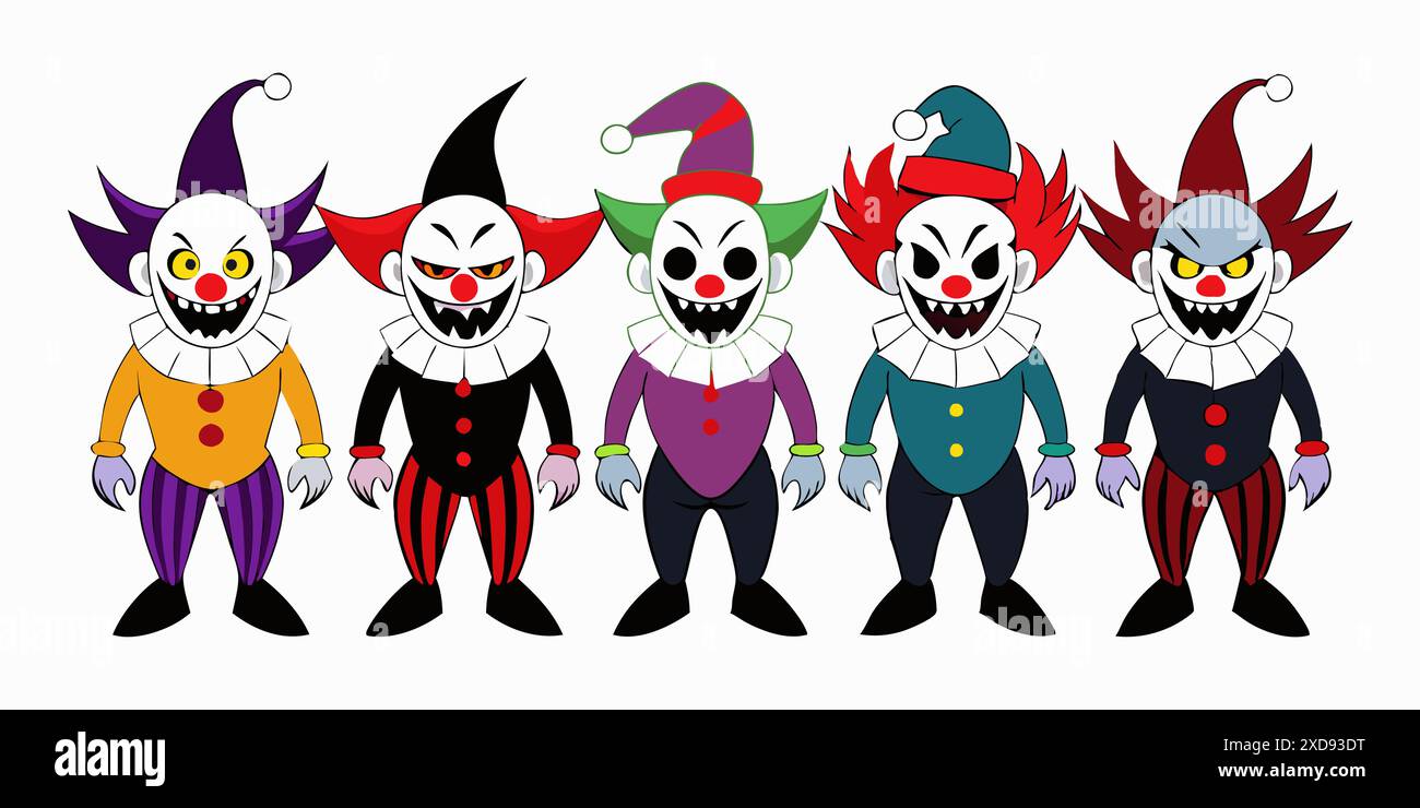 Group of cartoon evil clowns isolated on a white background. Concept of ...