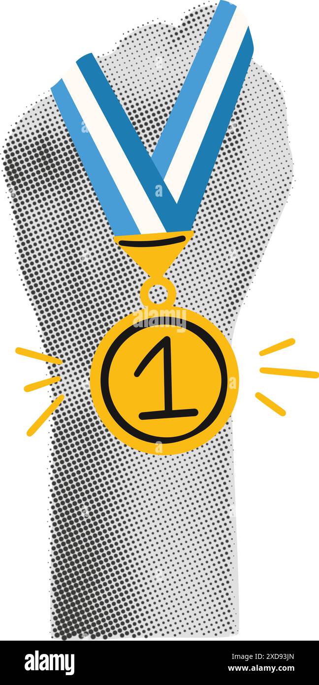 Hand holding first place gold medal halftone vector illustration Stock ...