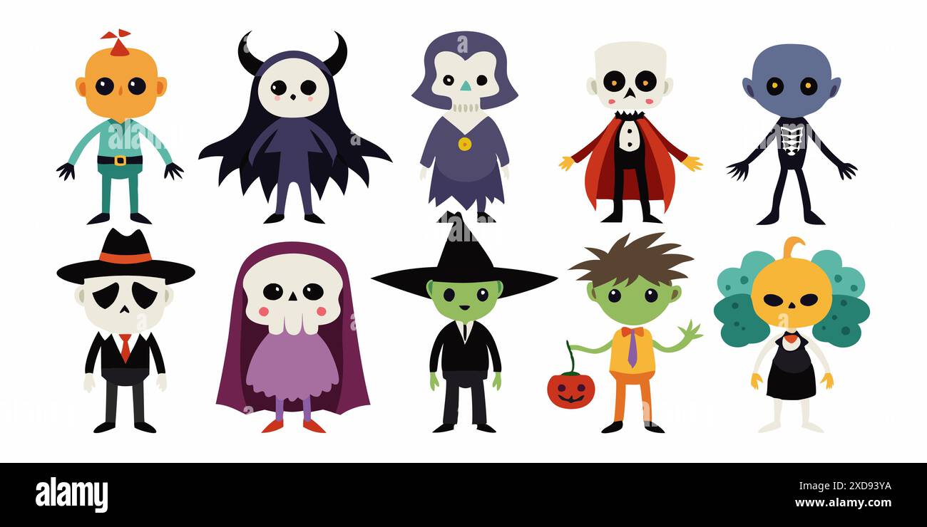 Cute Halloween characters in a colorful illustration on a white ...