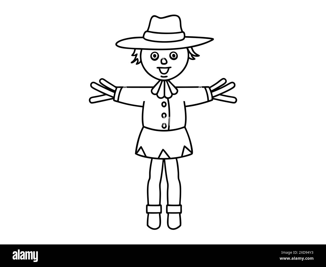 Black outline of cartoon scarecrow with witch hat and attire isolated ...