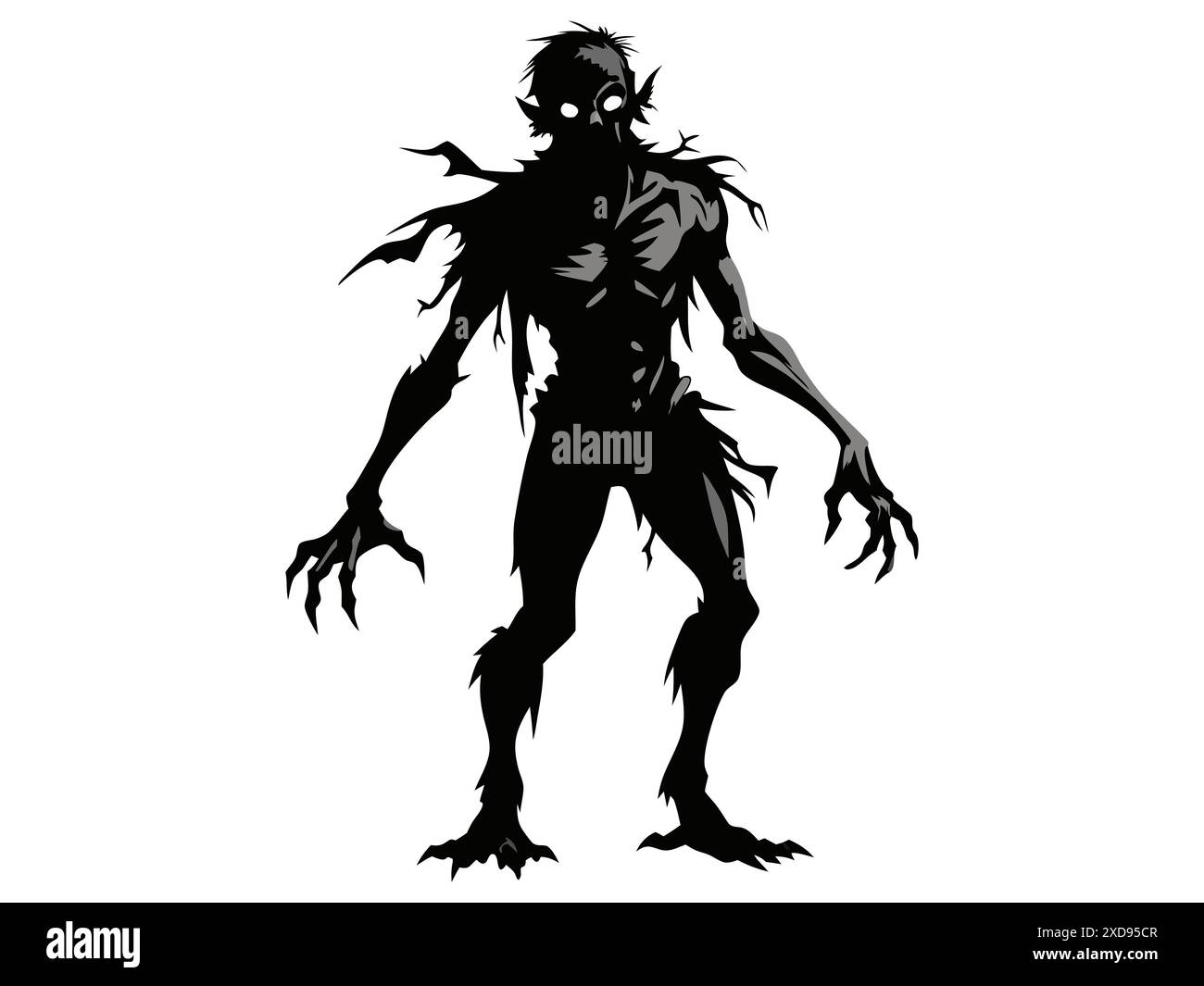 Black silhouette of scary cartoon zombie creature isolated on a white ...