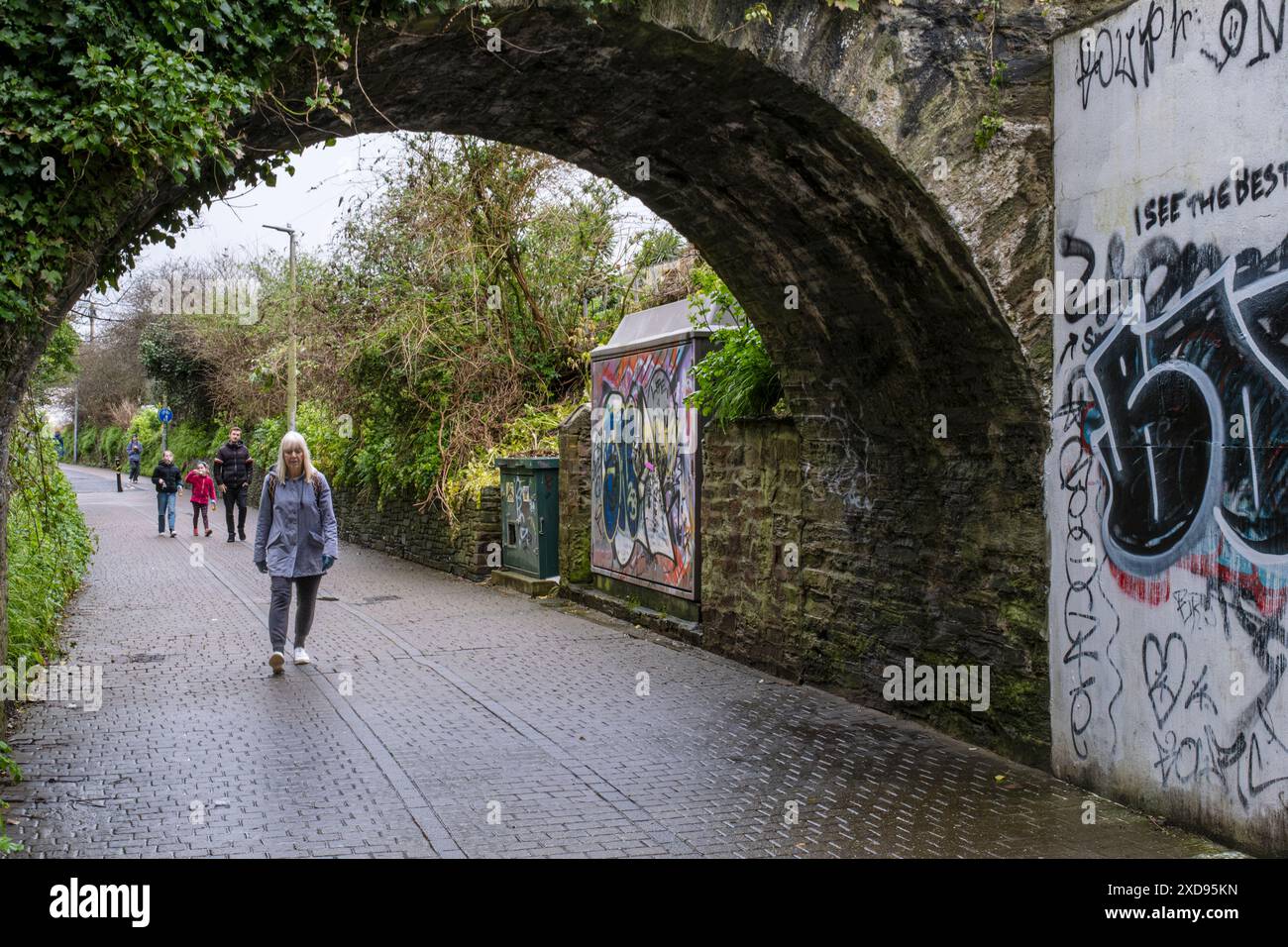 A small bridge over the historic Tram Track in Newquay town centre in ...