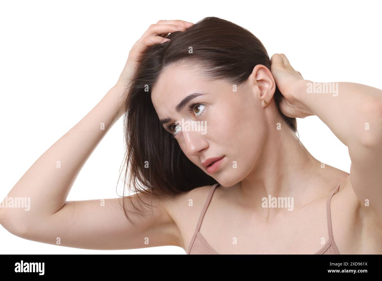 Stressed woman suffering hair loss hi-res stock photography and images ...