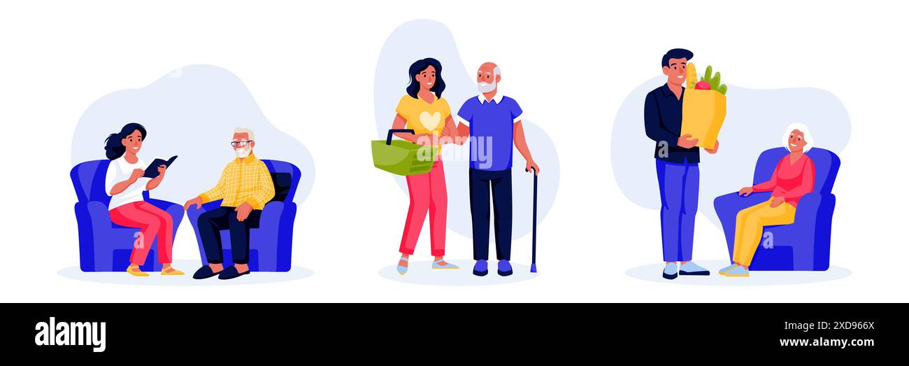 Senior person assistance. Set of vector flat cartoon illustrations ...