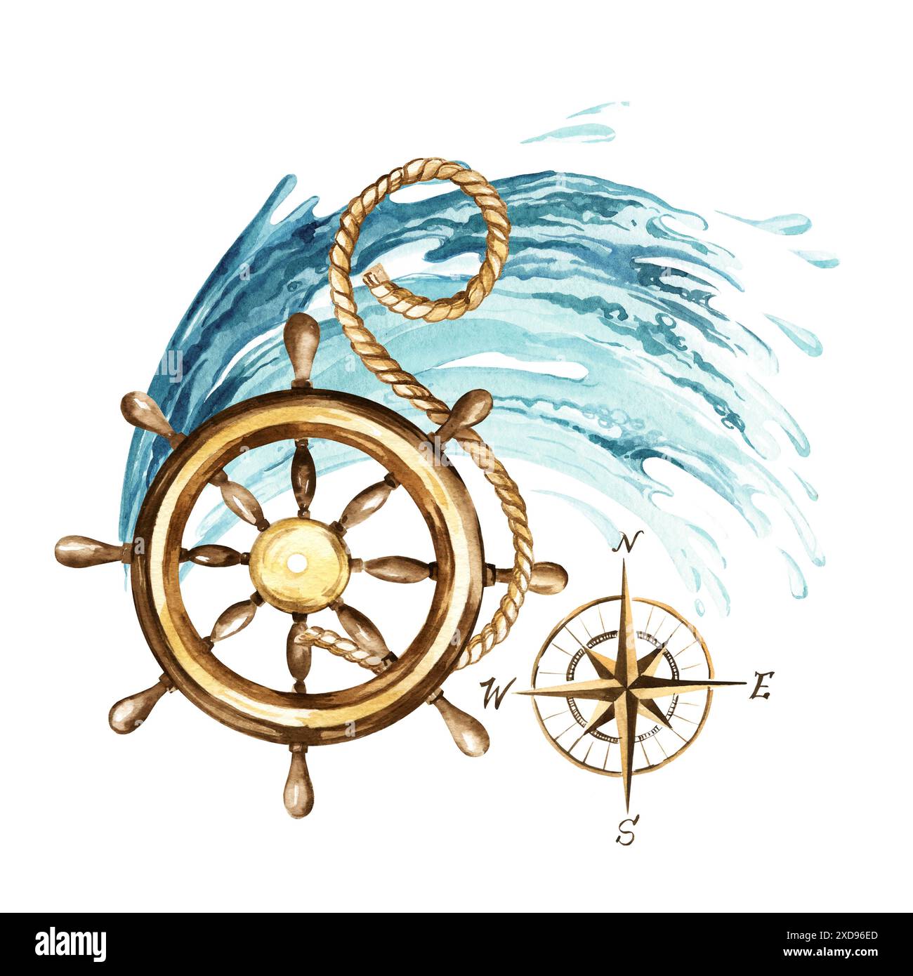 watercolor vintage brown textured boat steering wheel, navigation wind ...