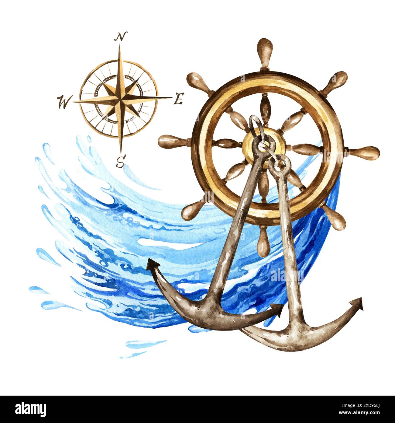 watercolor vintage brown textured boat steering wheel, navigation wind ...
