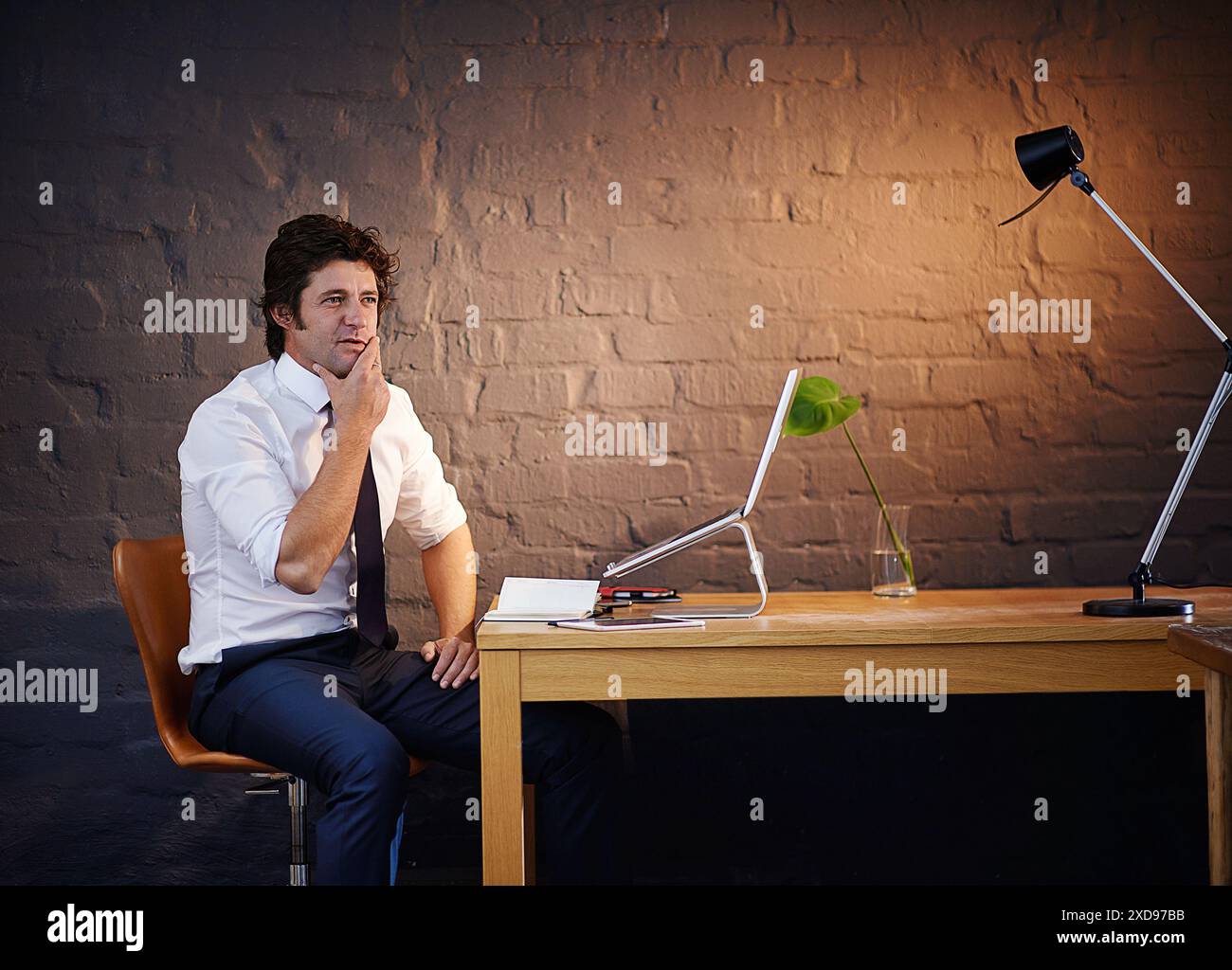 Ideas, laptop and businessman in office at night with planning for ...