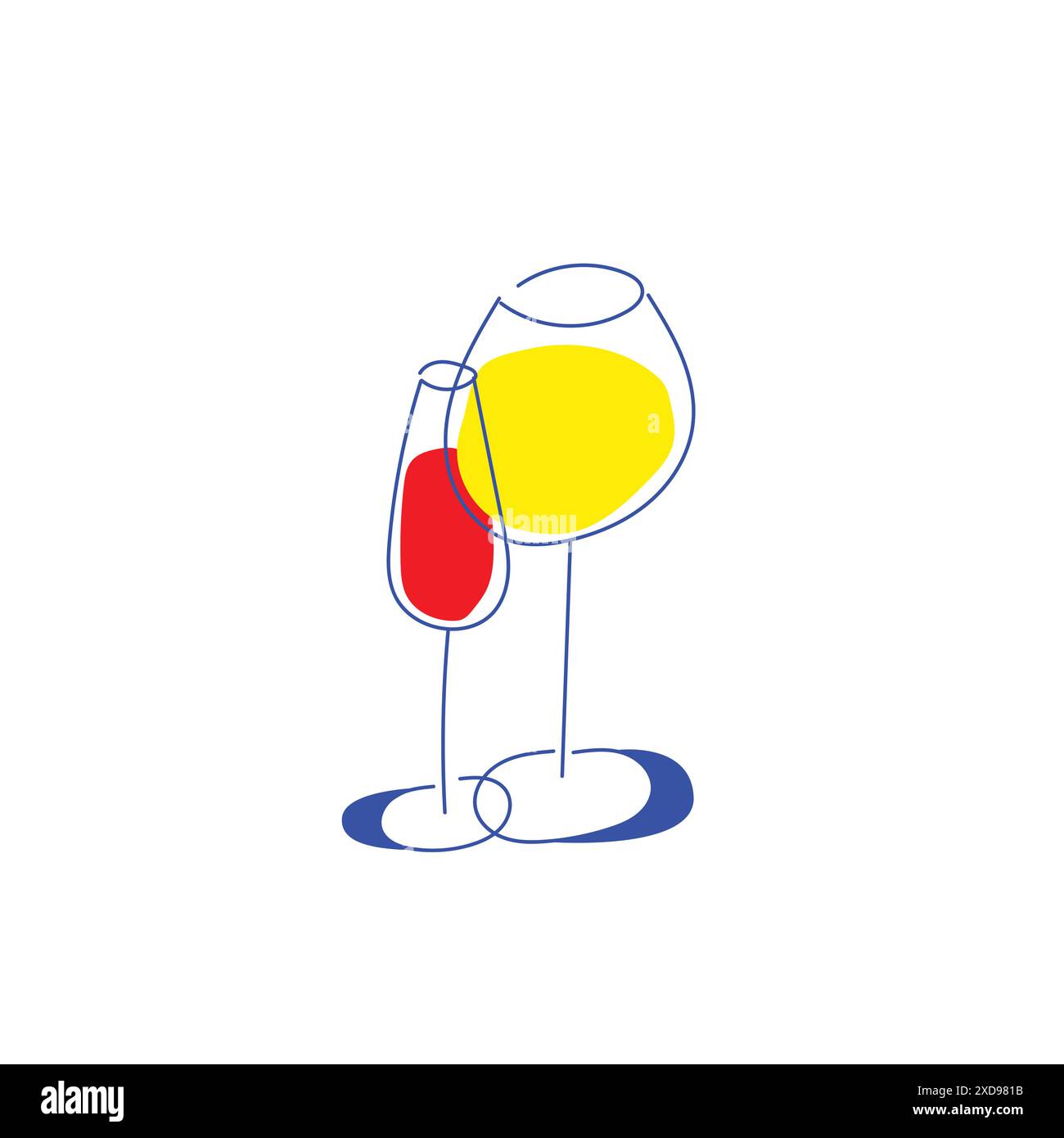 Creative minimal design. Line drawing of two wine glasses with red and ...