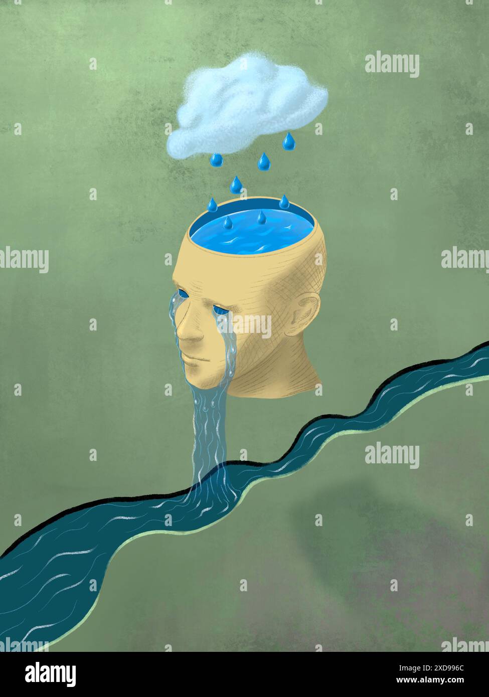 Rain drops fills an human head. The water exits from the eyes, like ...