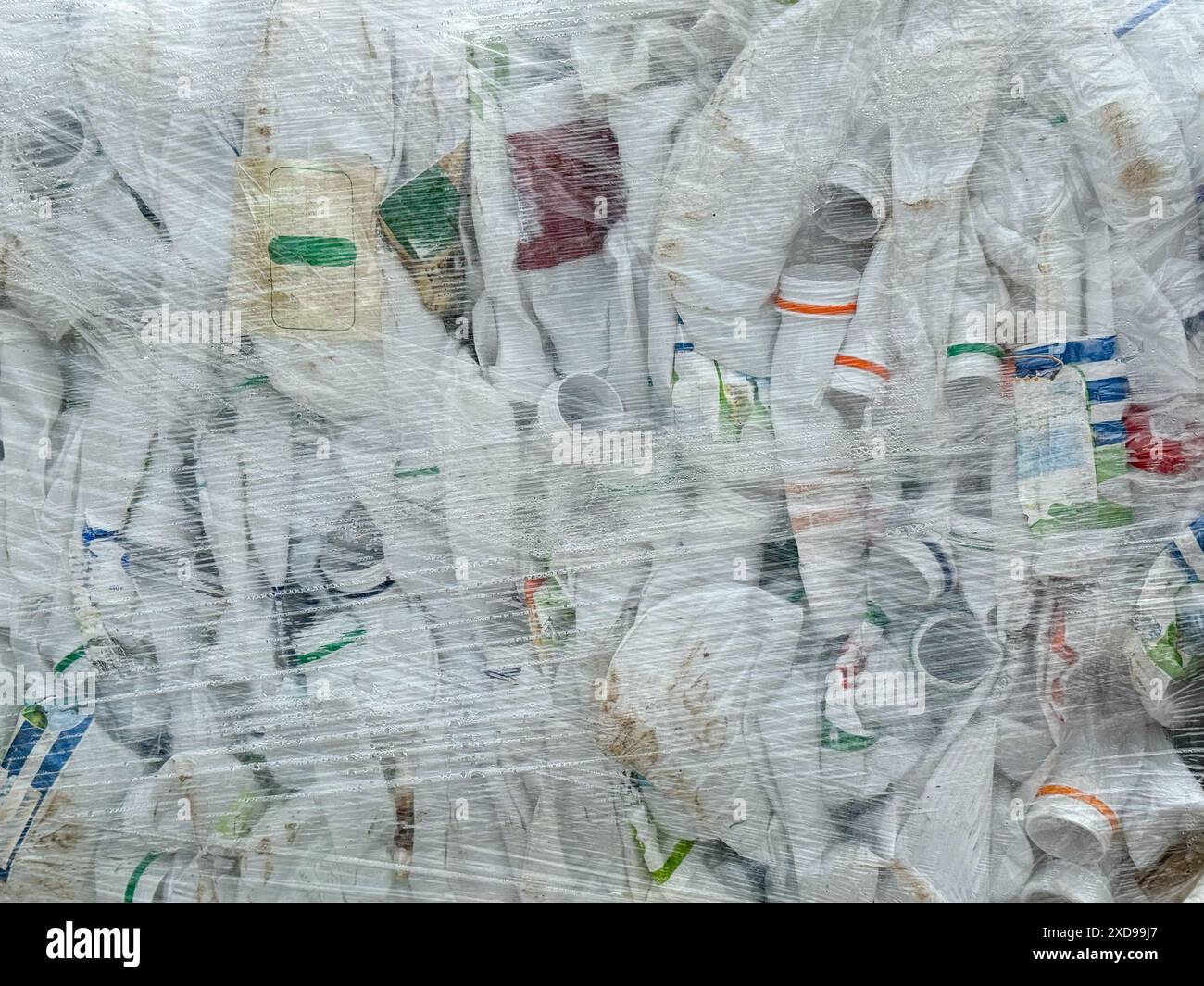 A bale of tightly compressed plastic bottles, wrapped in clear plastic ...