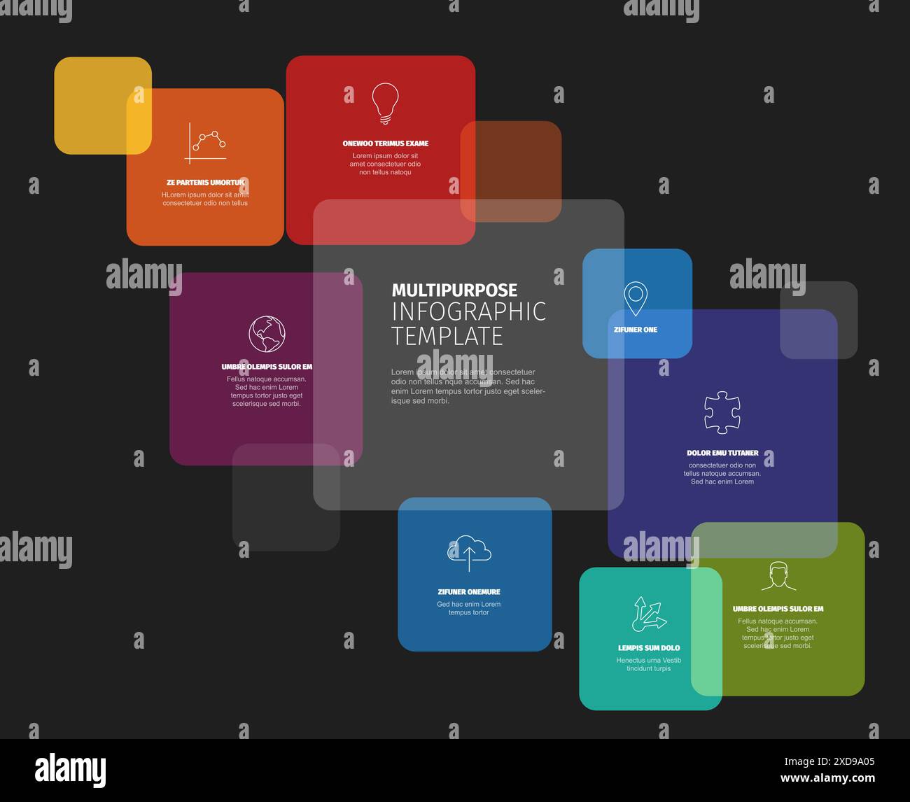 Multipurpose dark infographic template with icons and sample texts in ...