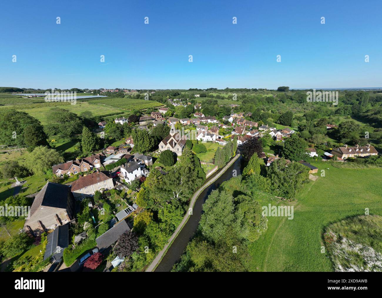 Loose Village, near Maidstone, Kent, UK. Drone view looking south over ...