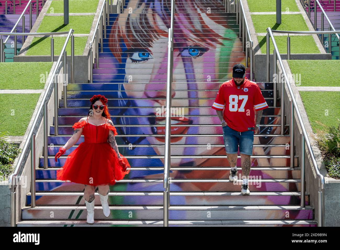 London, UK. 21 June 2024. Swiftie fans including a man wearing a Travis ...
