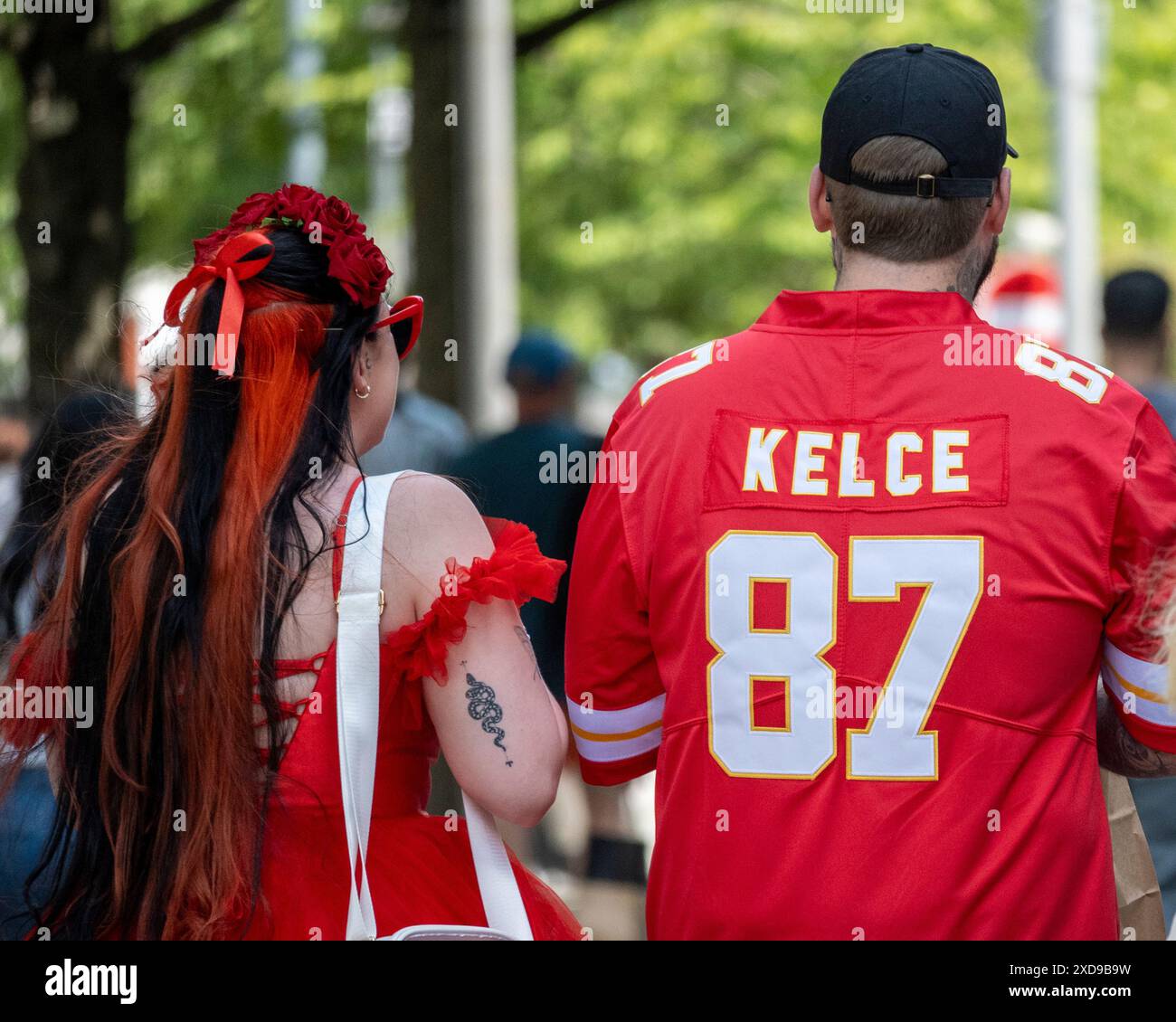 London, UK. 21 June 2024. Swiftie fans including a man wearing a Travis ...