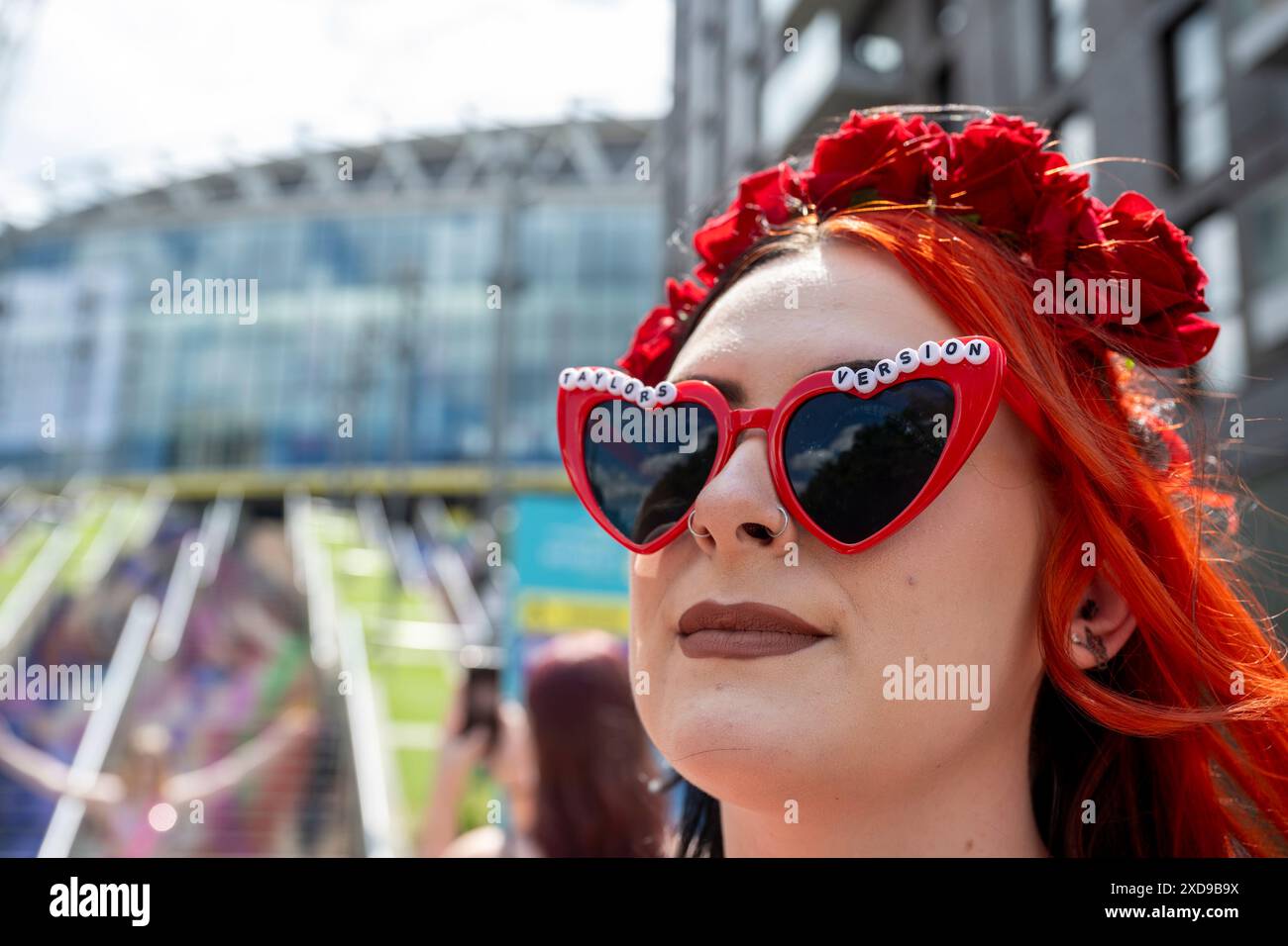 London, UK. 21 June 2024. A Taylor Swift fan ('Swifty') outside Wembley ...