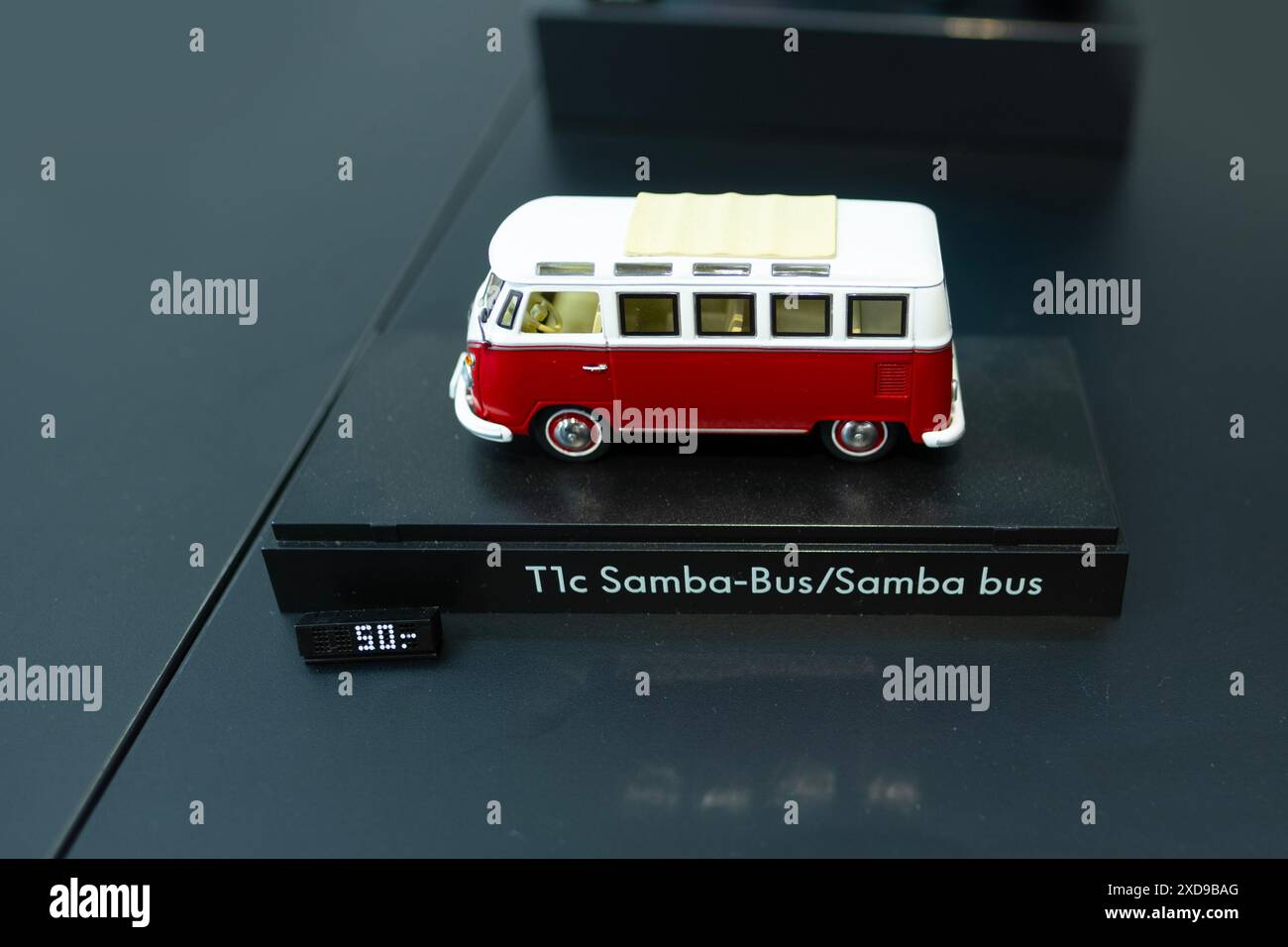 classic vintage red and white Volkswagen bus model, automotive pop ...