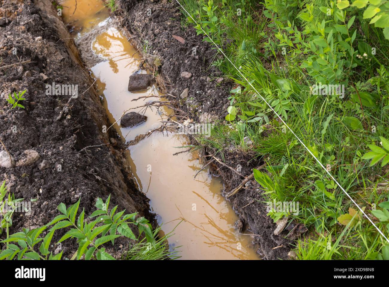 Construction works in progress, deep foundation trench in dirty ground ...