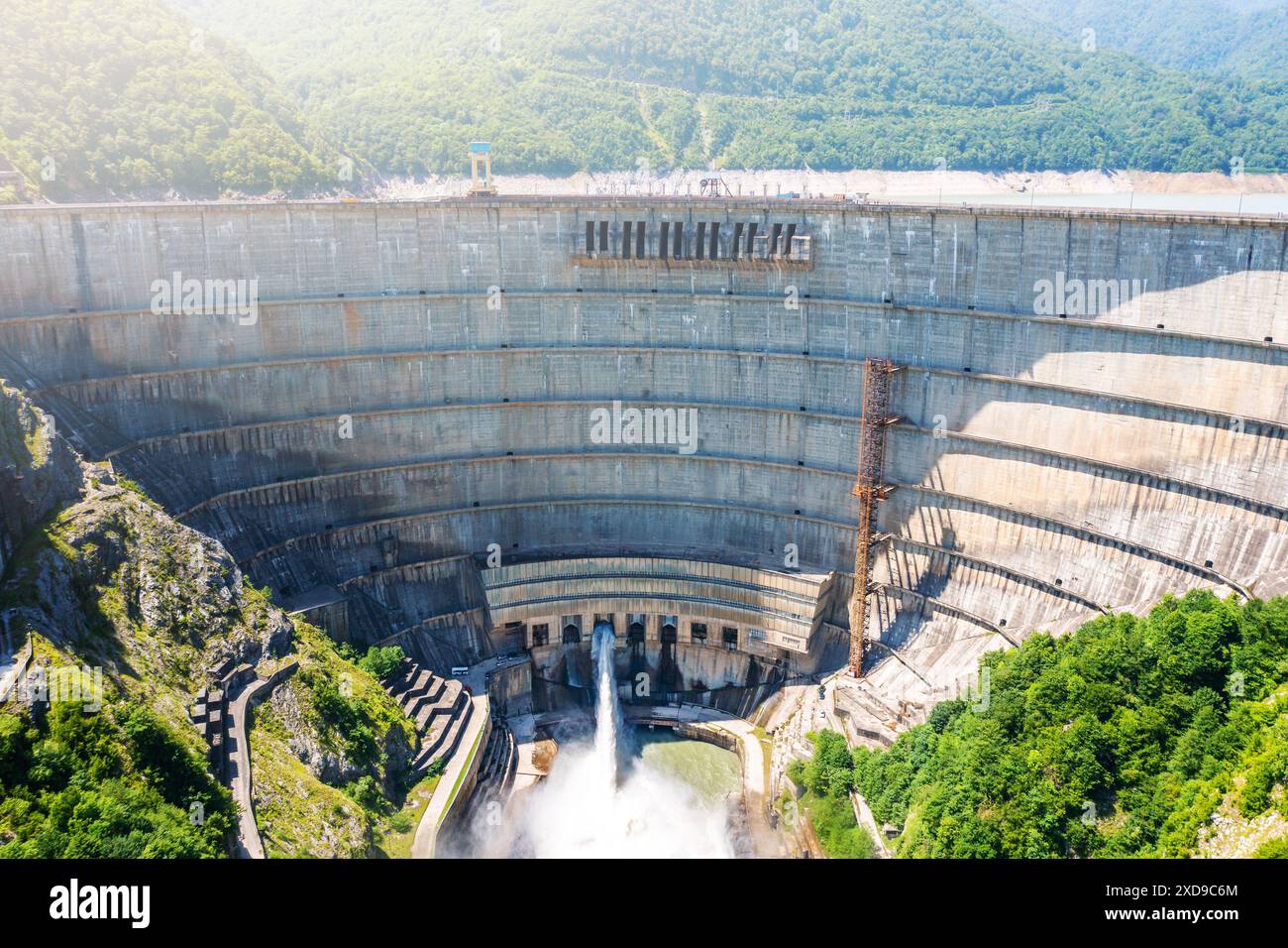 Hydroelectric power plant. Aerial view from drone of huge water dam ...