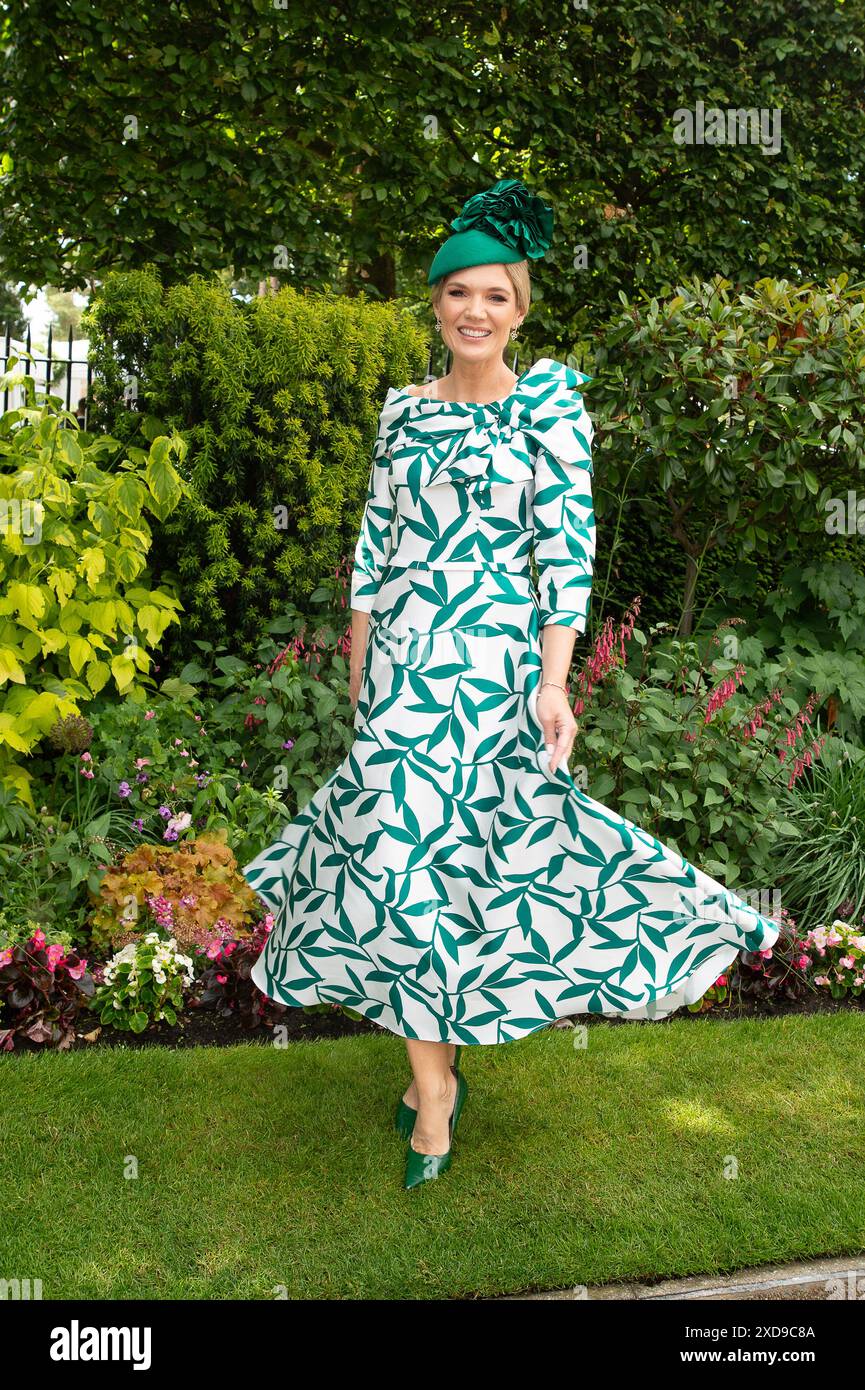 Ascot, Berkshire. June 21st, 2024. ITV Racing television presenter Charlotte Hawkins on Four of ...