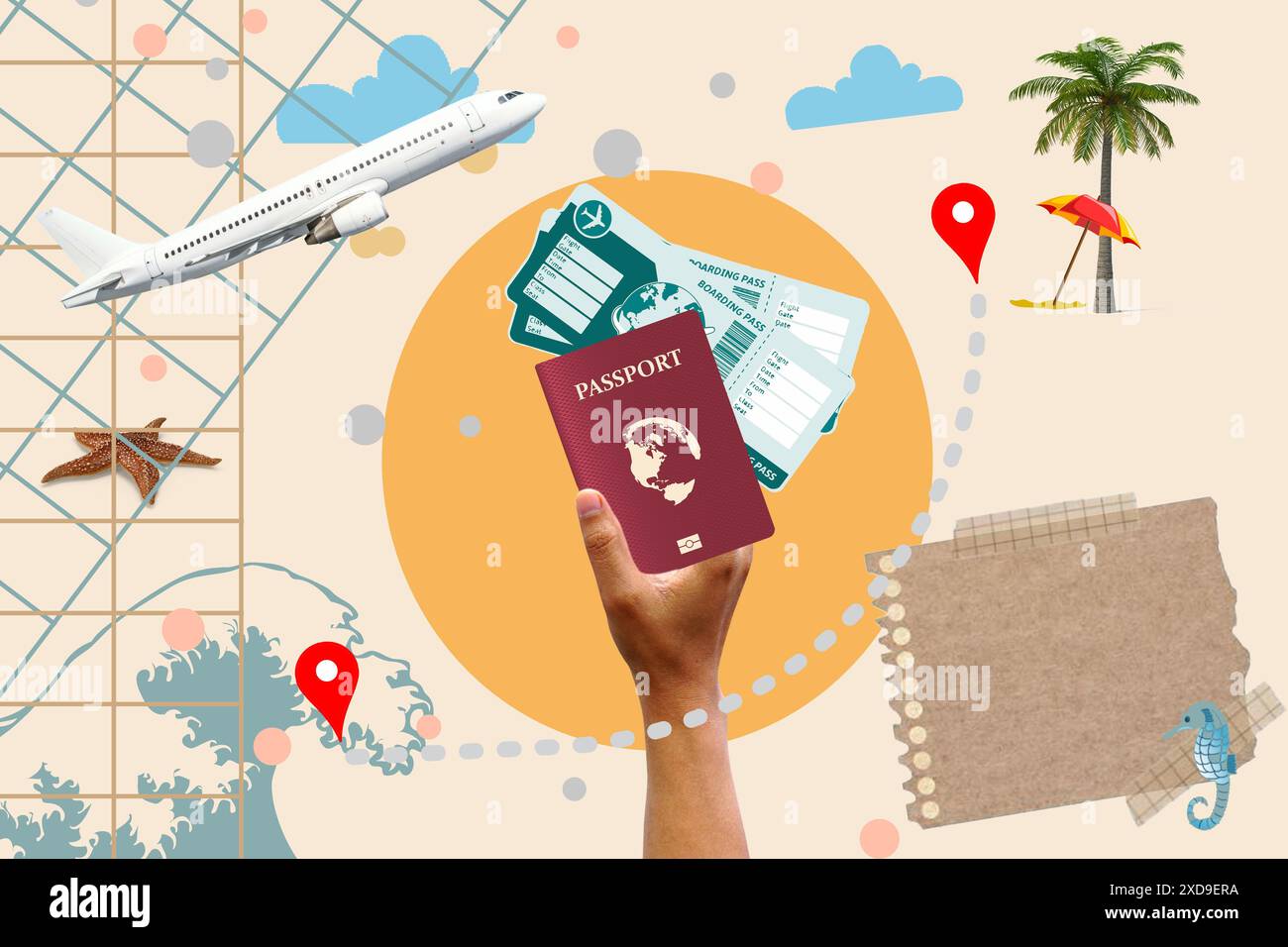 Collage Of A Hand Holding A Passport And Boarding Passes On A Backgroud