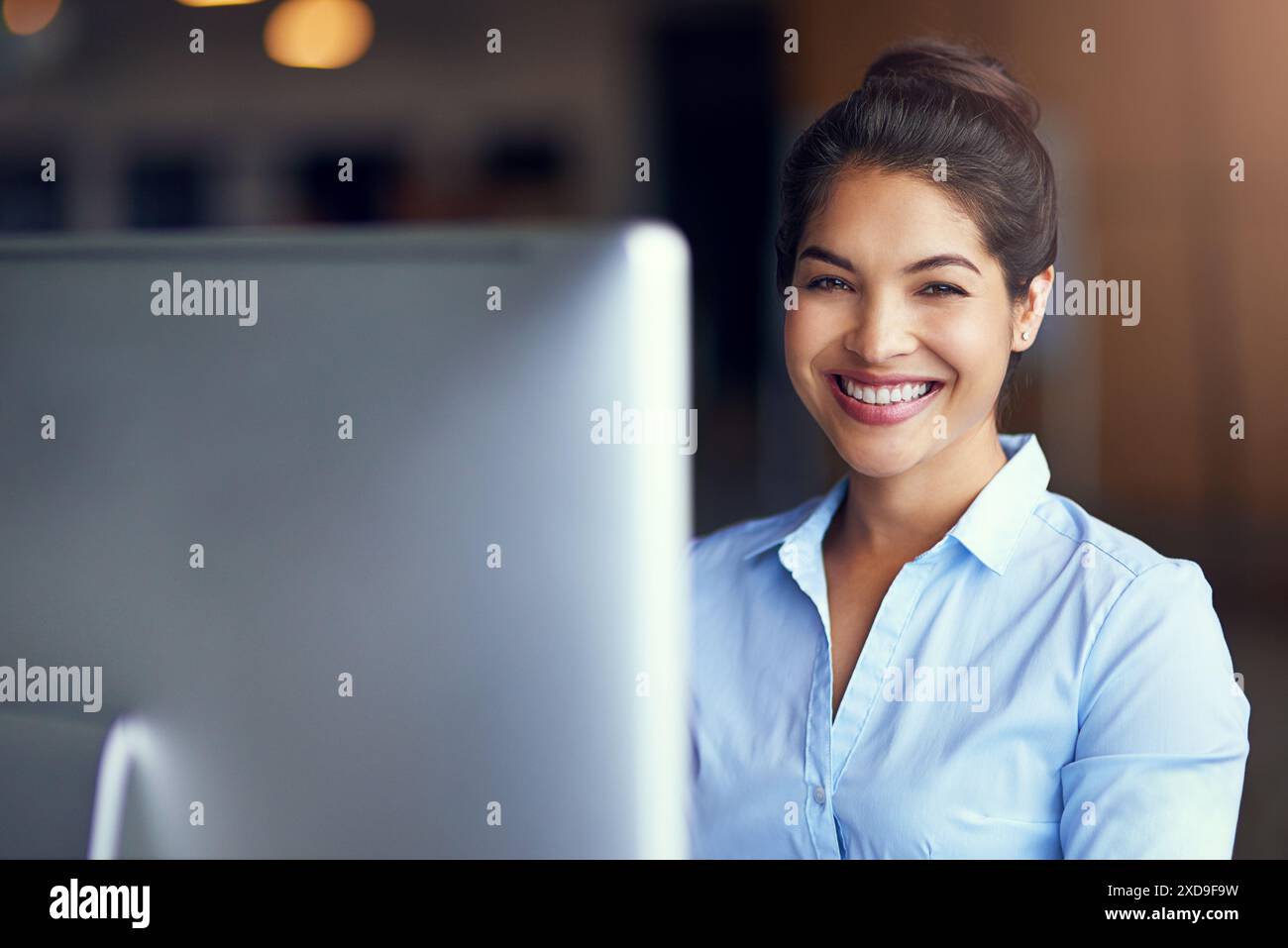 Happy, portrait and woman with computer in office for corporate, career ...