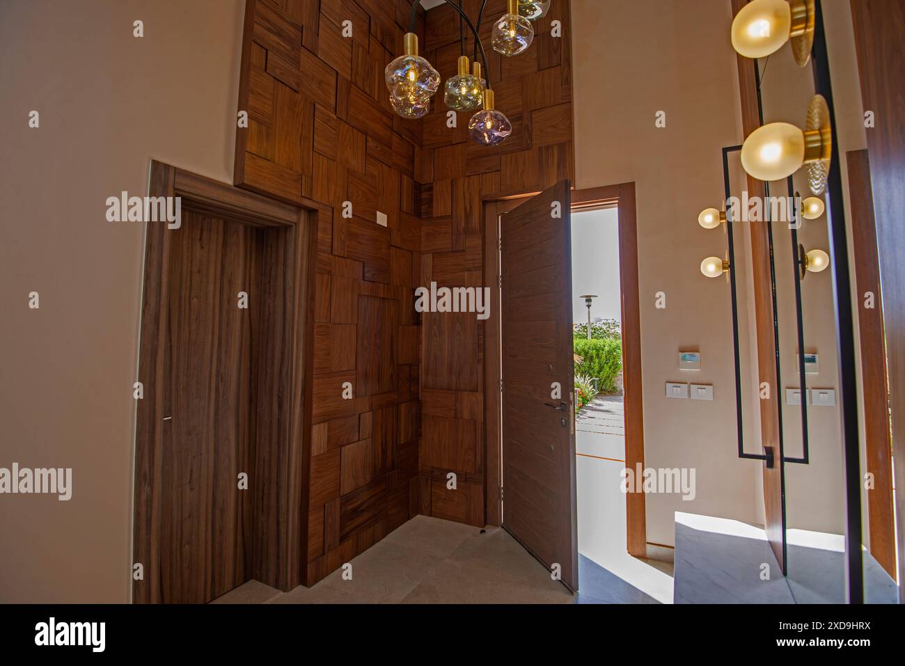 Closeup detail showing interior design of entrance hallway in luxury ...
