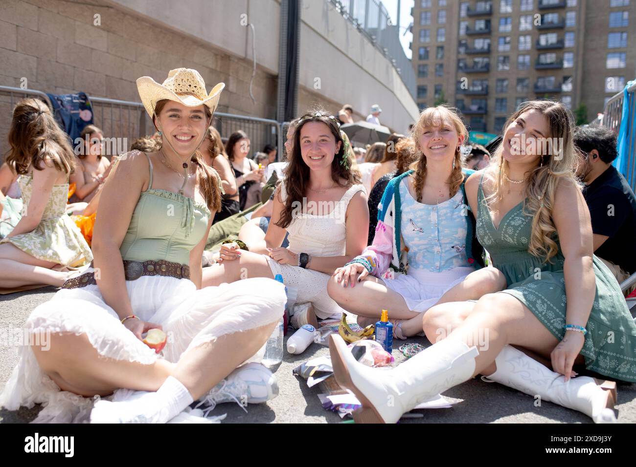 Fans Jess, 19, Rachel, 25, Elizabeth, 23 and Lucy, 24, pose for a photo ...