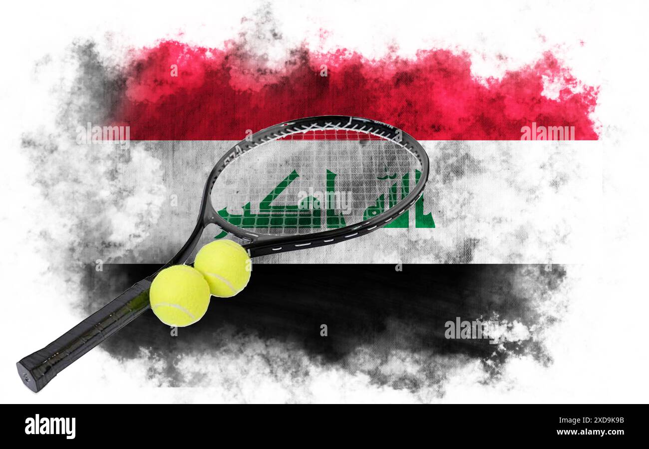 White background with Iraq flag and tennis racket with balls Stock ...