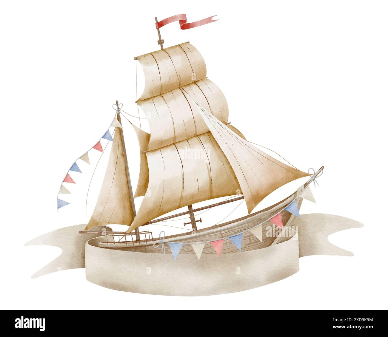 Sailboat watercolor illustration with ribbon for text. Template with ...