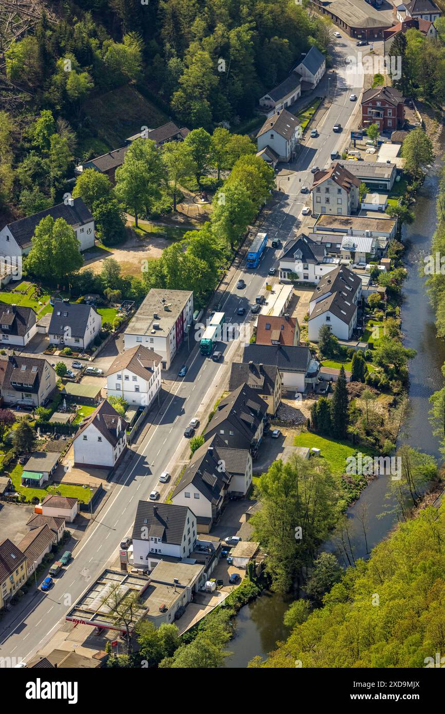 Aerial view, Prioreier Straße federal highway B54, road traffic truck ...