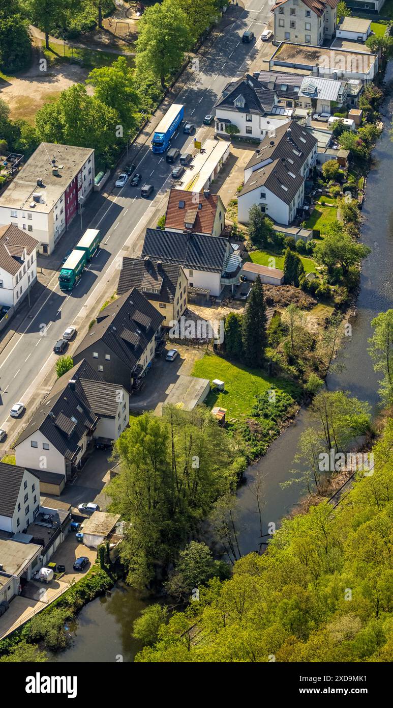 Aerial view, Prioreier Straße federal highway B54, road traffic truck ...