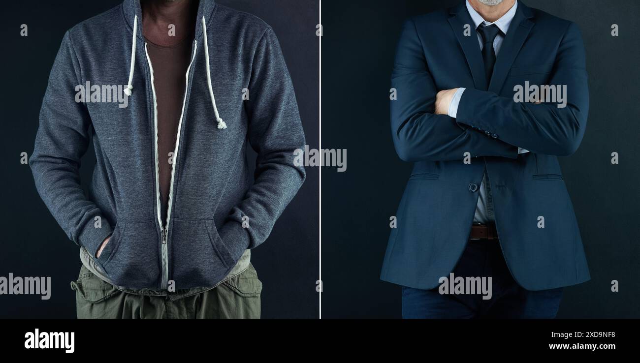 Before and after, poor and businessman in studio to compare of ...