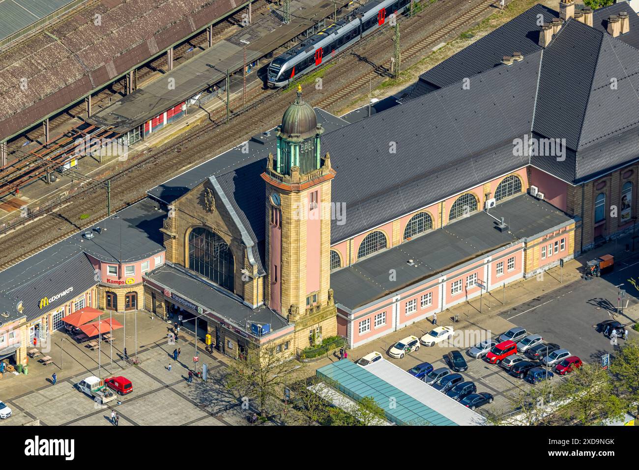 Aerial view, Hagen main station building with station forecourt ...