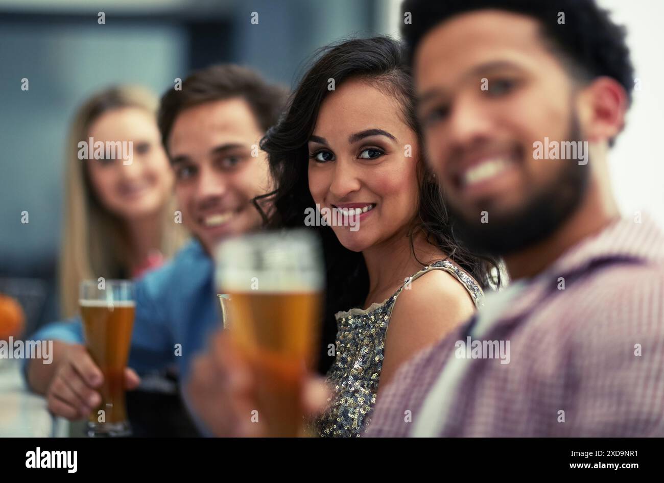 Portrait, group and woman with alcohol, celebration and friends in ...