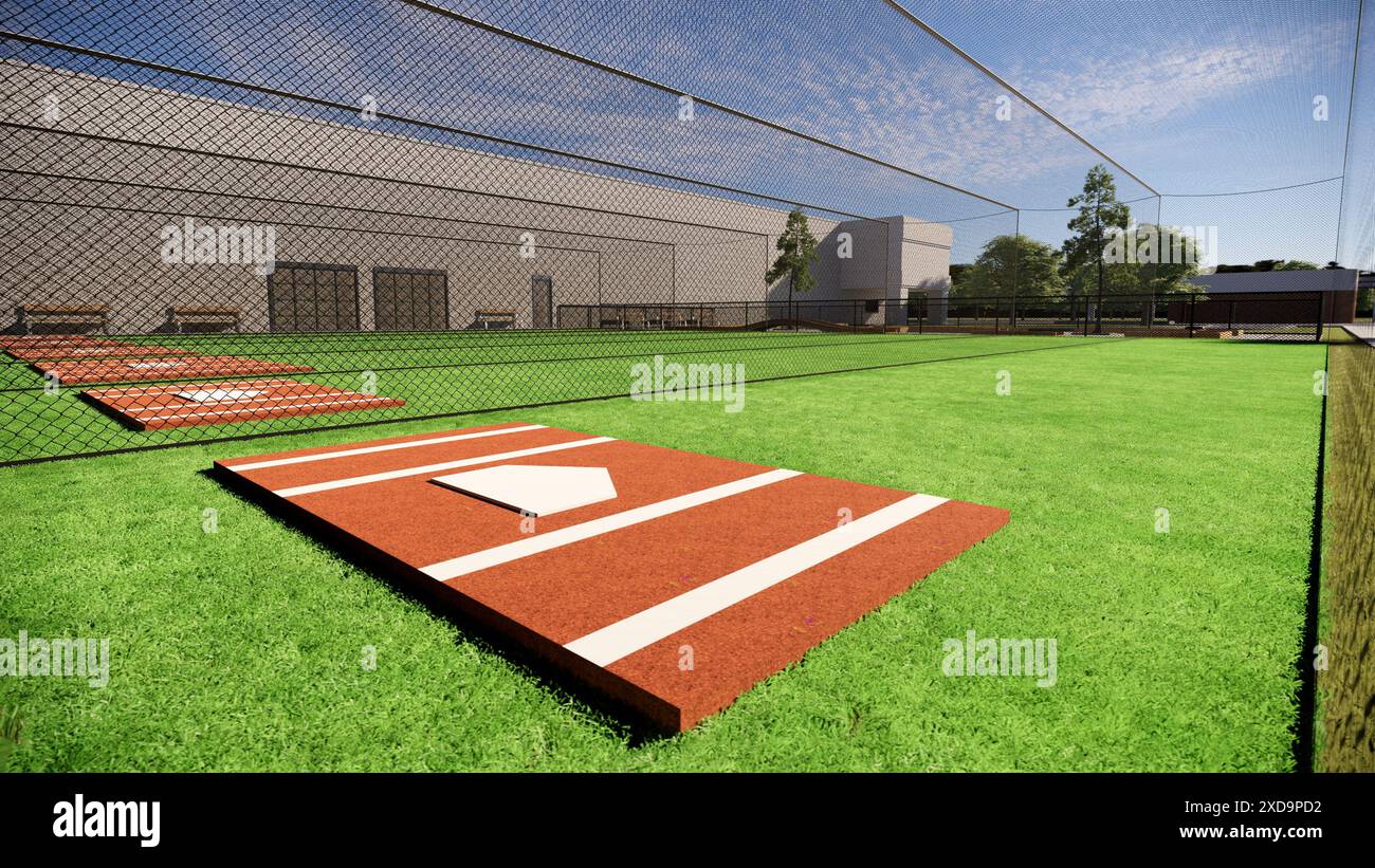3D rendering illustration of outdoor batting cages for baseball and ...