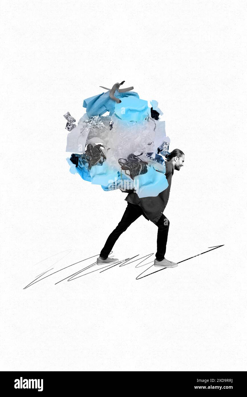 Vertical poster collage young man carry pile trash mess pollution ...
