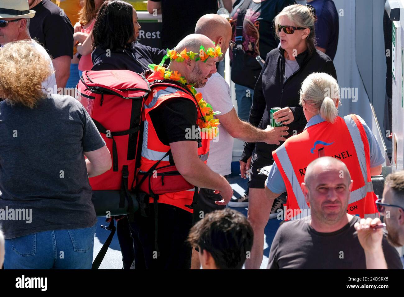 Southampton, Hampshire UK 20th June, 2024. Red Funnel employees selling ...
