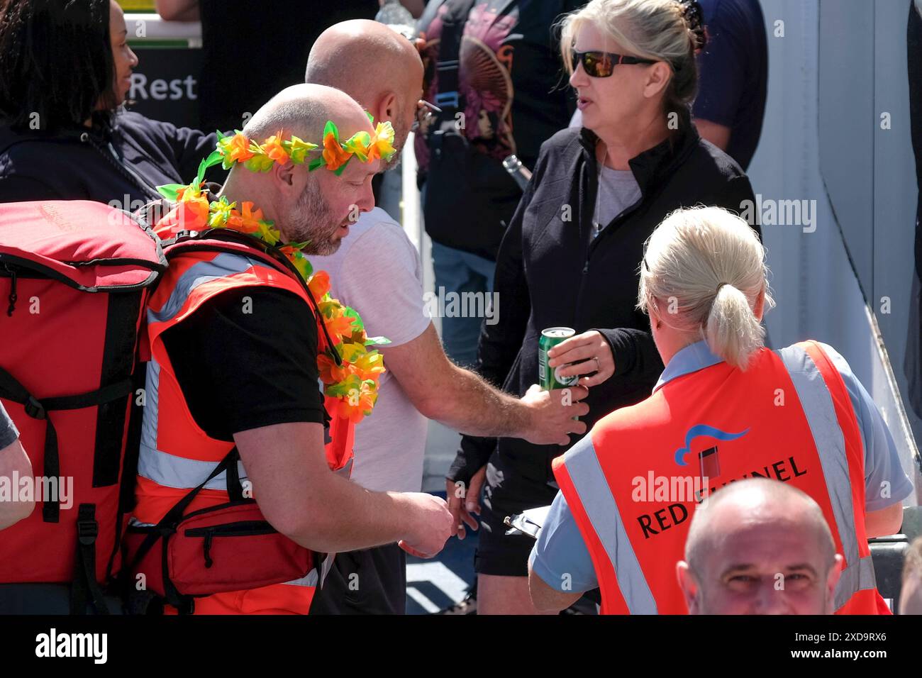 Southampton, Hampshire UK 20th June, 2024. Red Funnel employees selling ...