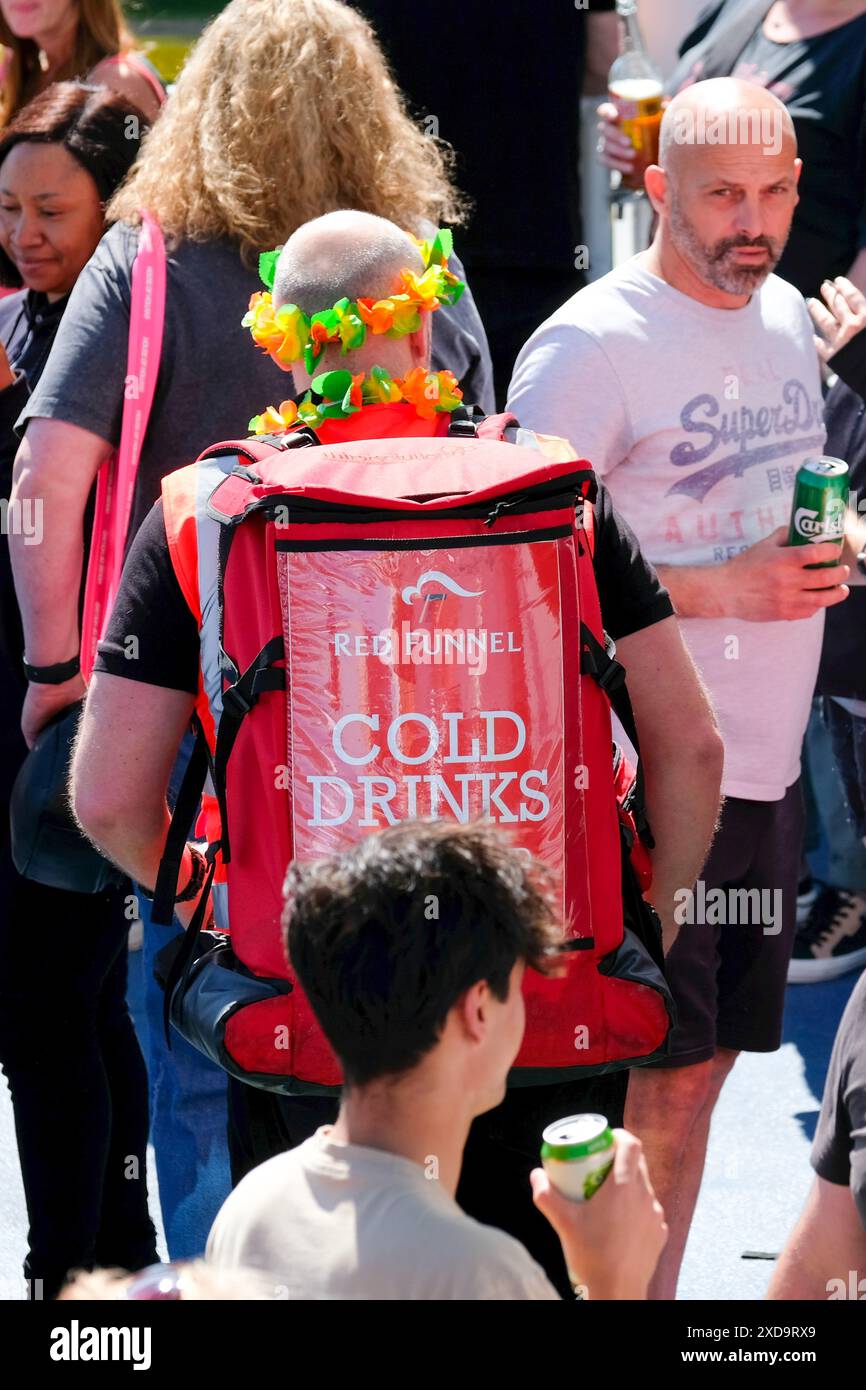 Southampton, Hampshire UK 20th June, 2024. Red Funnel employees selling ...