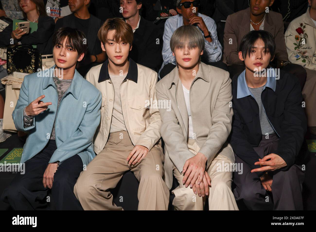 Taehyun, from left, Soobin, Huening Kai and Yeonjun attend the Dior Spring Summer 2025 ...