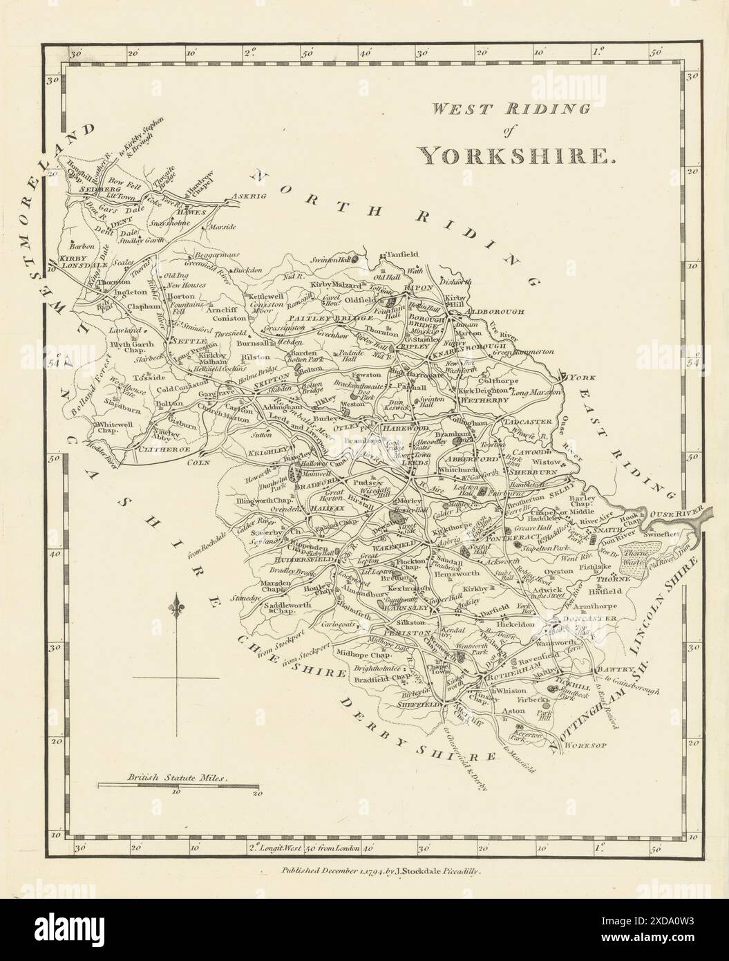 West Riding of Yorkshire county map by John Stockdale 1795 old antique ...