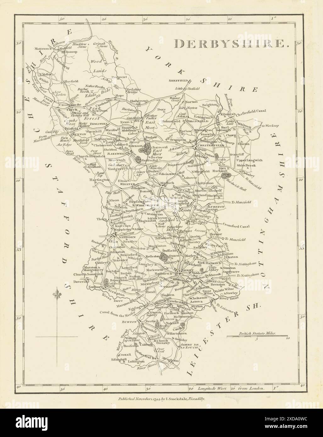 Derbyshire county map by John Stockdale 1795 old antique plan chart ...
