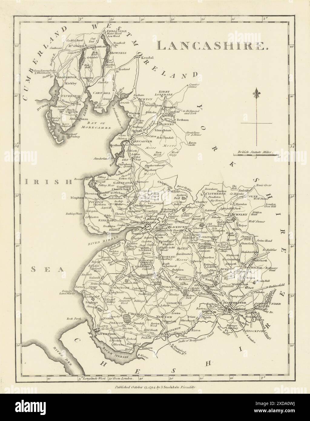 Lancashire county map by John Stockdale 1795 old antique plan chart ...