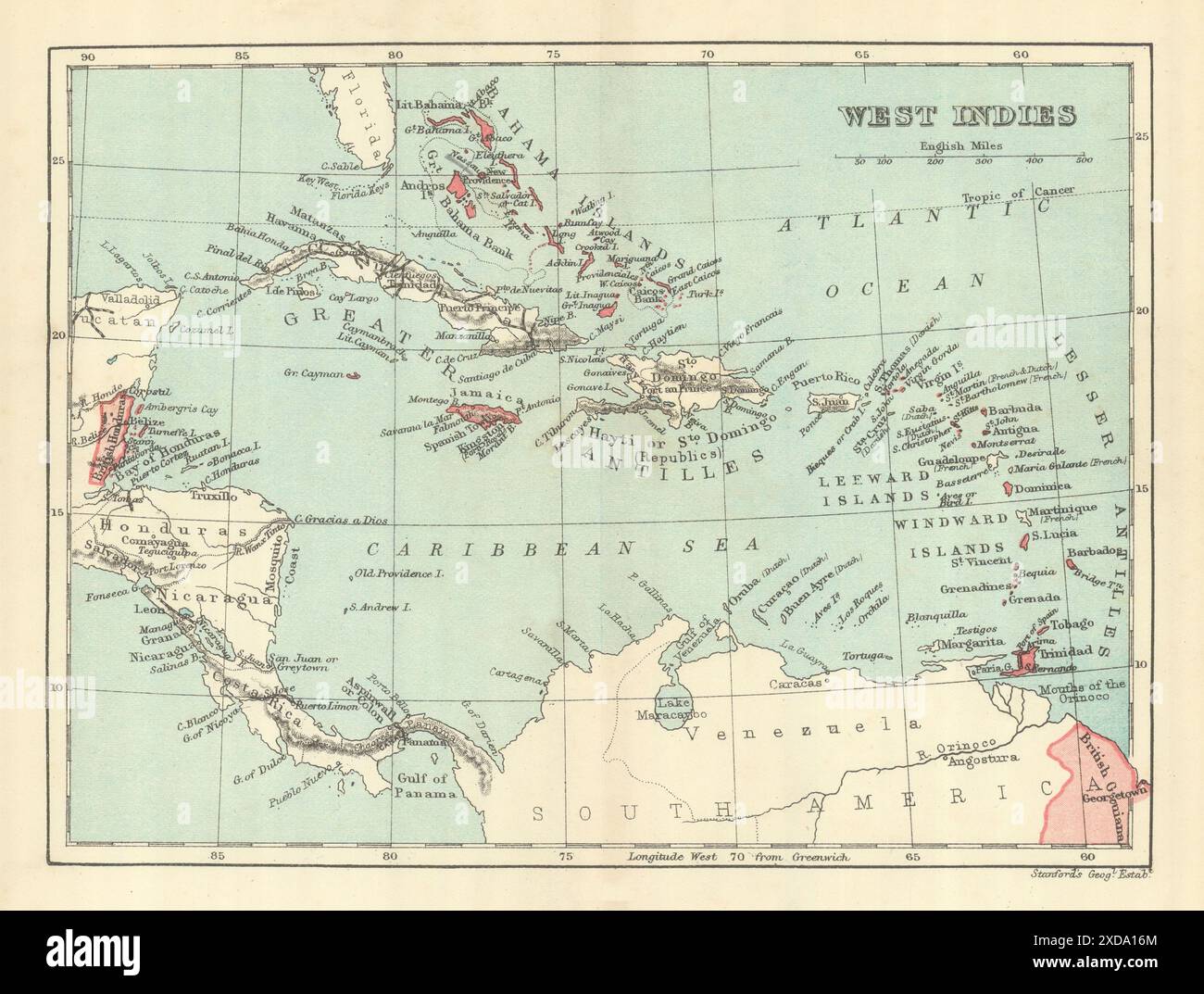 BRITISH WEST INDIES. Showing British Islands/colonies. Caribbean 1910 ...