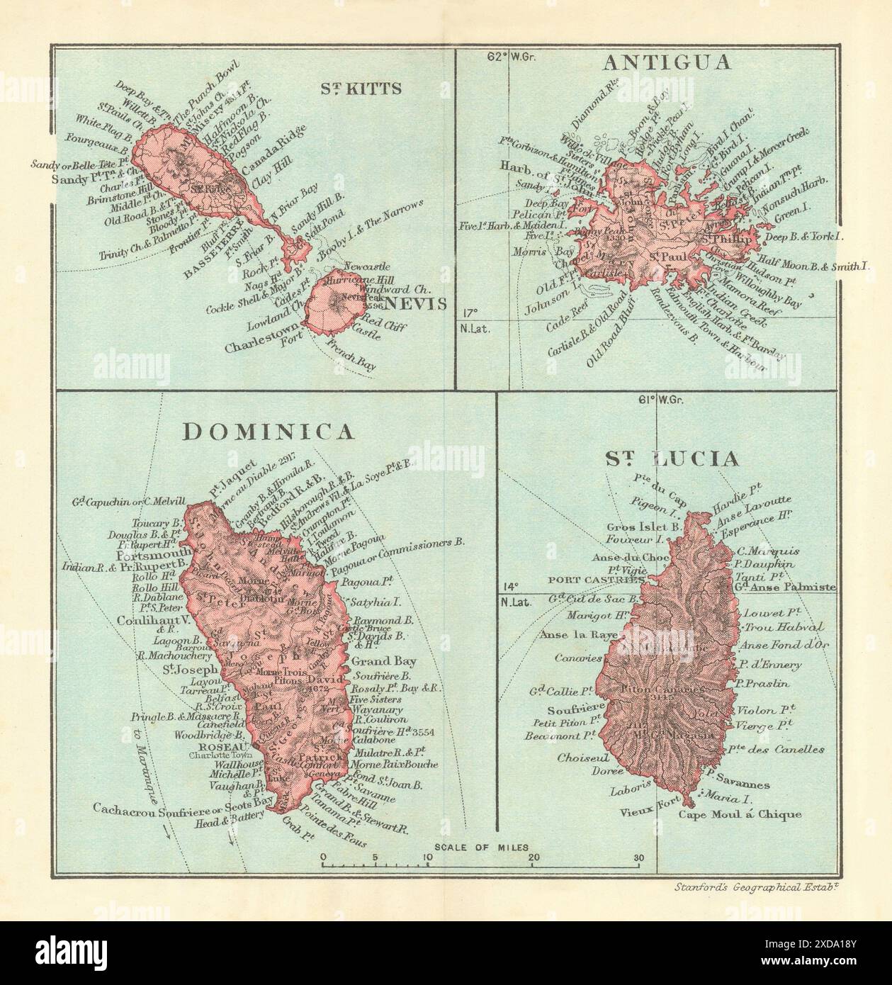 WEST INDIES. Dominica St Kitts Antigua St Lucia Montserrat 1910 old map Stock Photo - Alamy